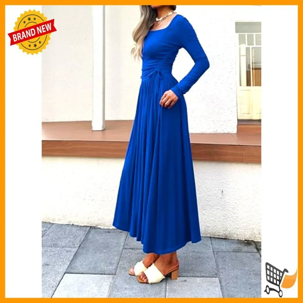 Dresses | Long Sleeve Square Neck Maxi Dress With Adjustable Waist Tie ...
